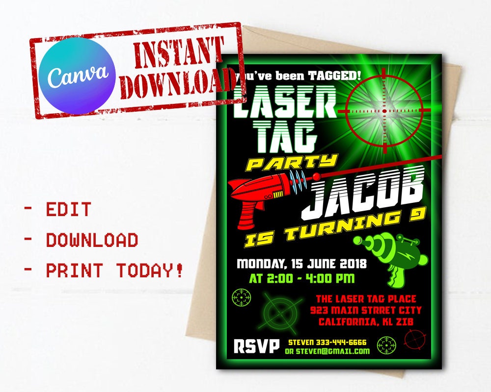Instant Download Laser Tag Invitation, Neon Glow Laser Tag Invitation ...