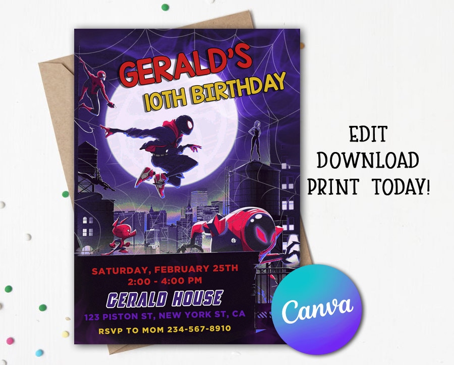 Instant Download Editable Invitation, Spiderman Into the Spider-verse ...