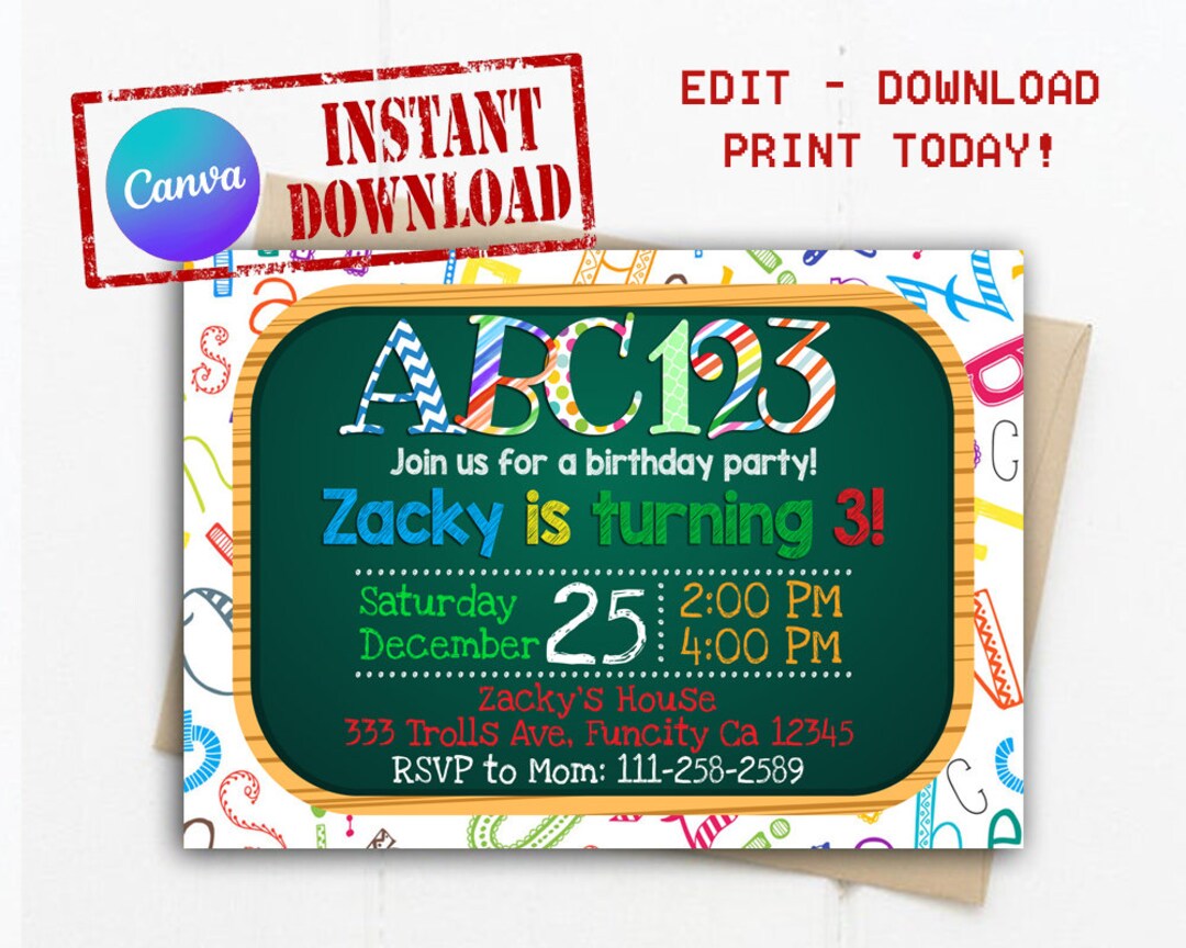 Instant Download Alphabet Invitation, Alphabet Theme Birthday Party ...