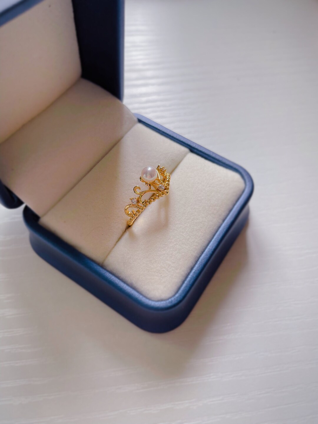 4-6mm Top White Pearl Adjustable Crown Ring | Flawless Round-shape ...