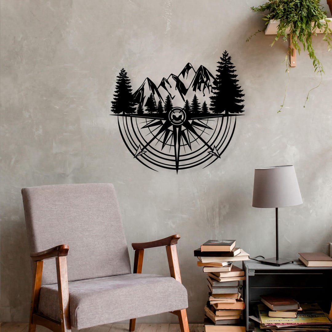 Mountain Compass Metal Wall Art - Rustic Cabin Metal Decor - Unique ...