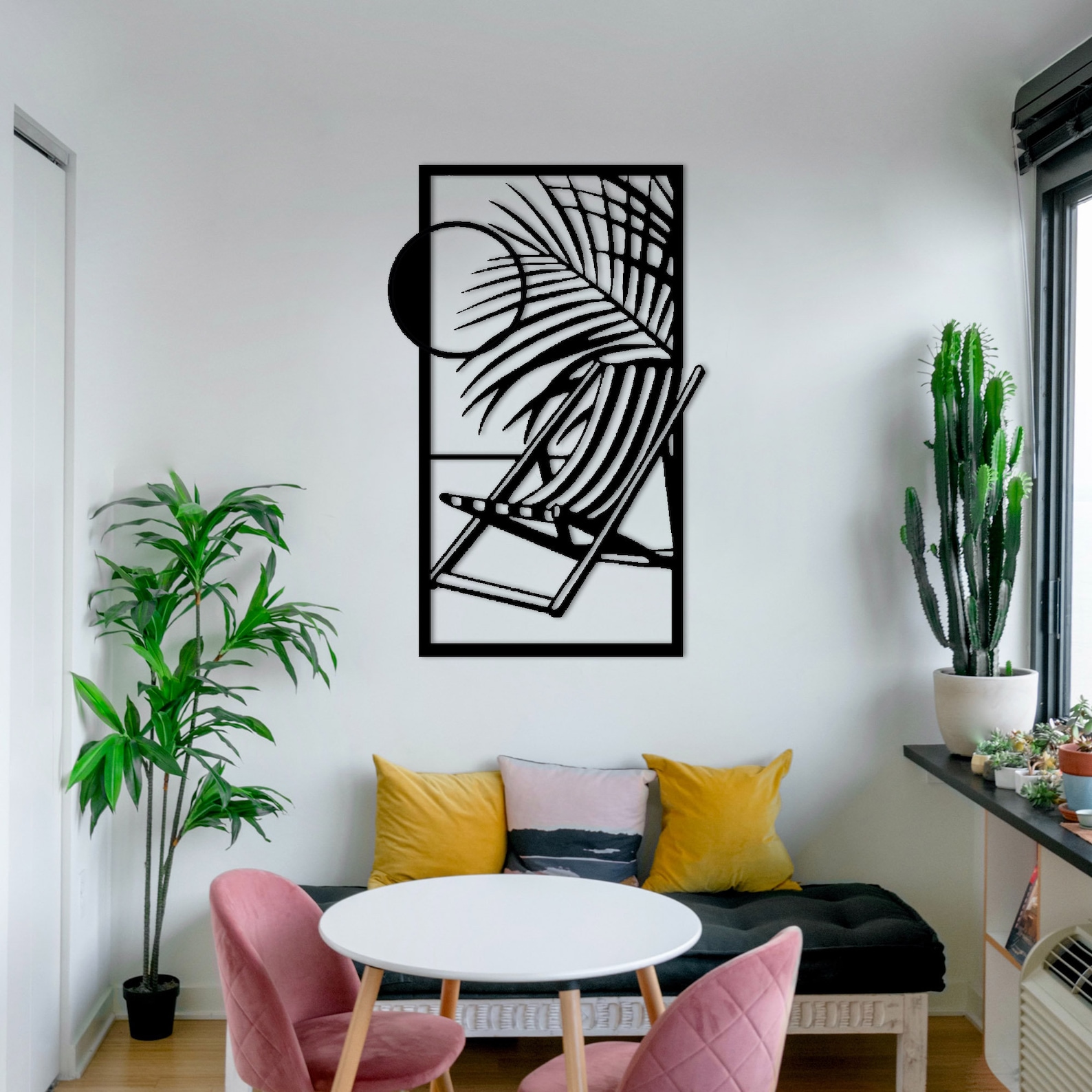 Arte mural metálico playero - Decoración costera con palmera y silla ...