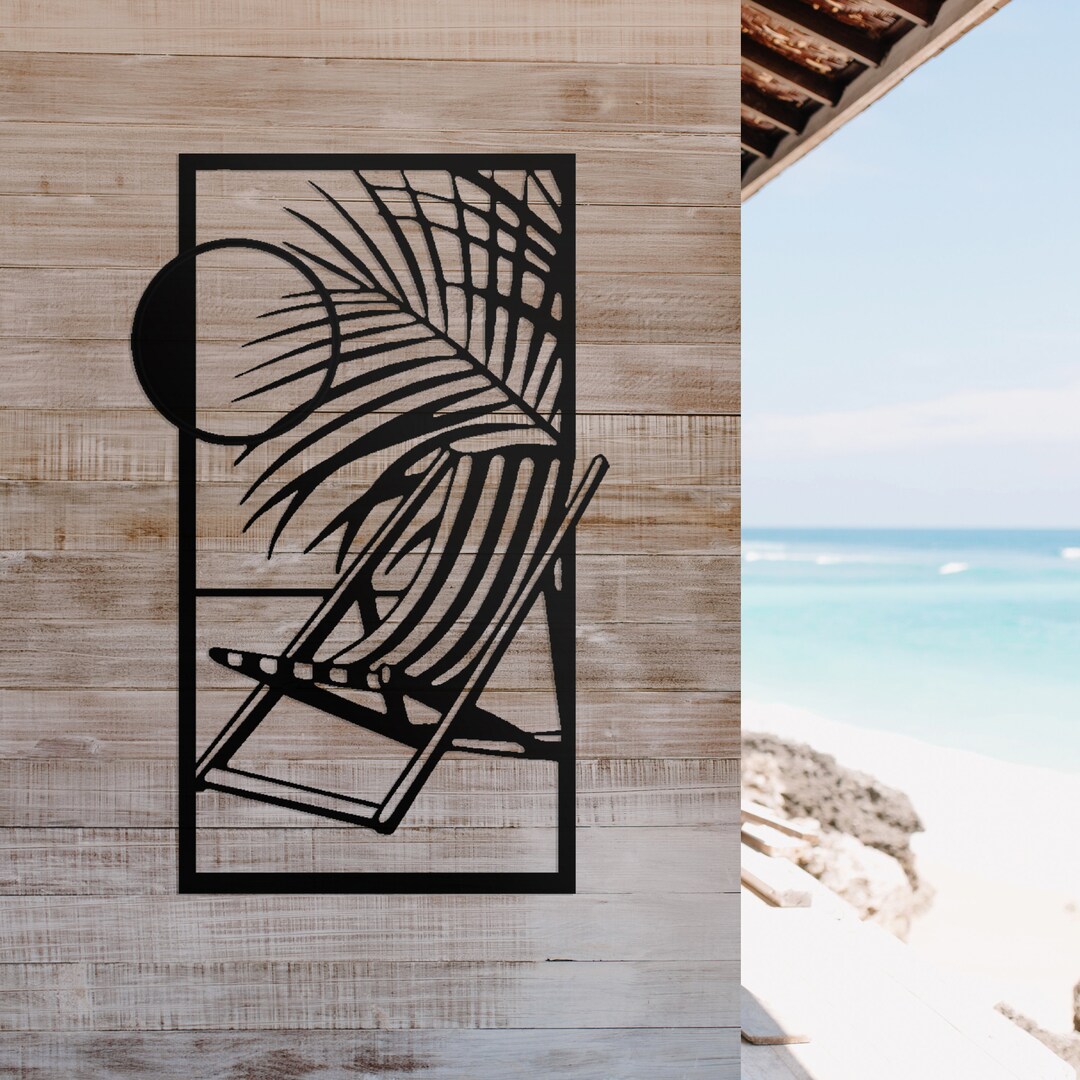 Arte mural metálico playero - Decoración costera con palmera y silla ...