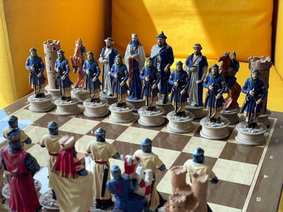 Hand-painted Chess Set, Handmade Medieval Figures With Wooden Board ...