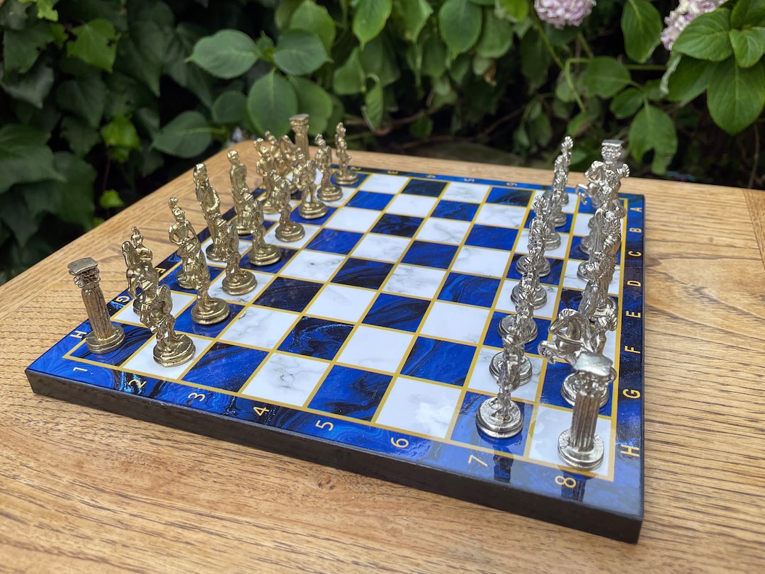 Handmade Blue & White Chess Set: Zamac Metal Figures, Wood Board - Etsy