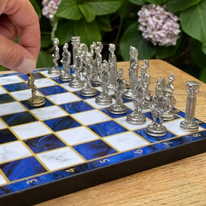 Handmade Blue & White Chess Set: Zamac Metal Figures, Wood Board - Etsy