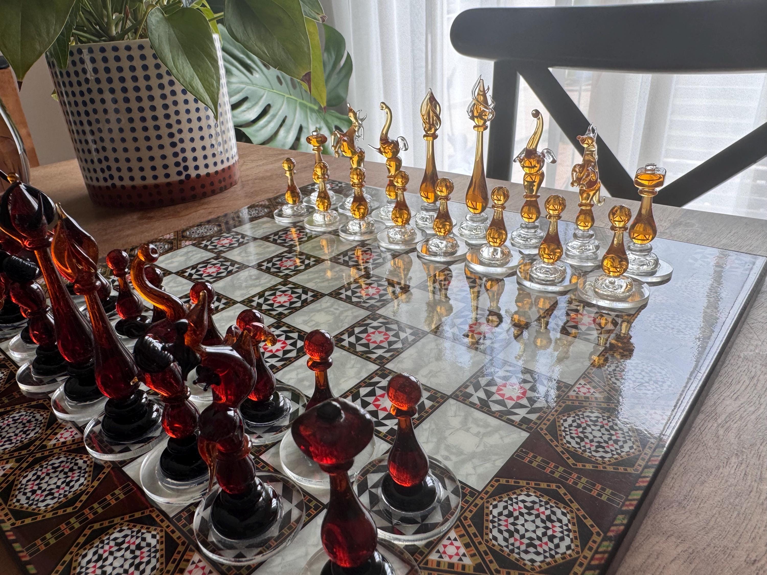 Amber & Brown Glass Board Murano Glass Chess Set: - Etsy