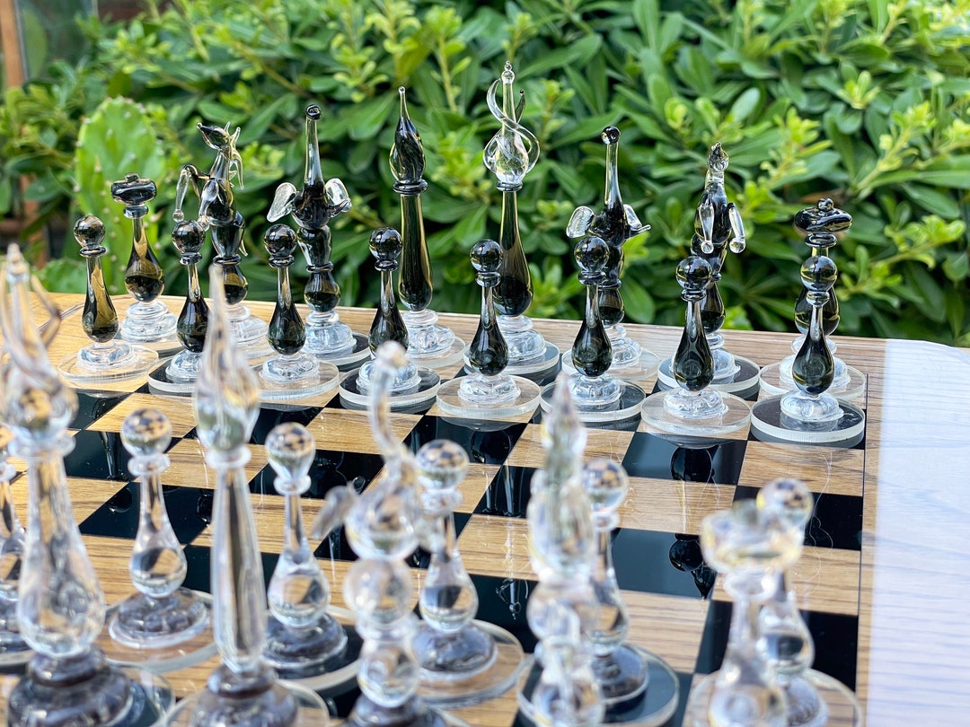 Clear Chess Set, Handmade Murano Glass Pieces and Glass Board, Grey and ...