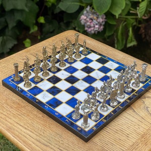 Handmade Blue & White Chess Set: Zamac Metal Figures, Wood Board - Etsy