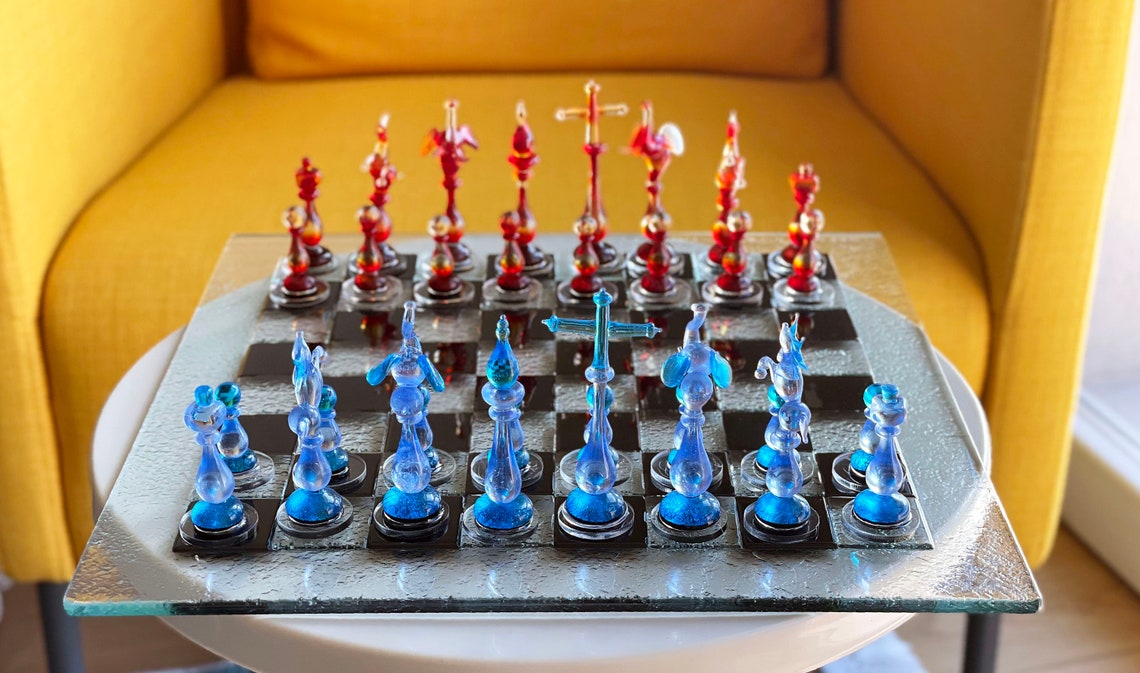 Handmade Murano Glass Chess Set: Orange & Blue Blown Glass Figures - Etsy
