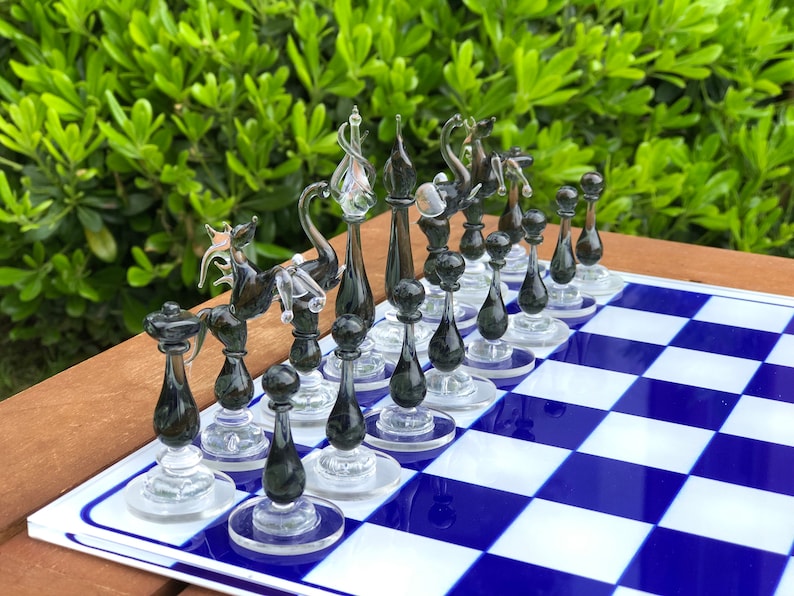 Handmade Blown Murano Glass Chess Set: Blue Glass Board & Pieces - Etsy