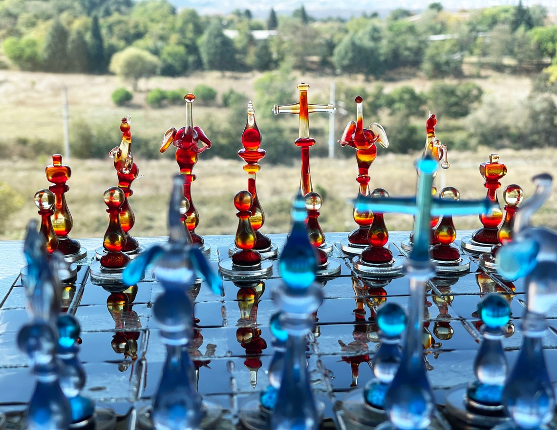 Luxury Unique Chess Set Handmade Orange & Blue Murano Glass | Etsy