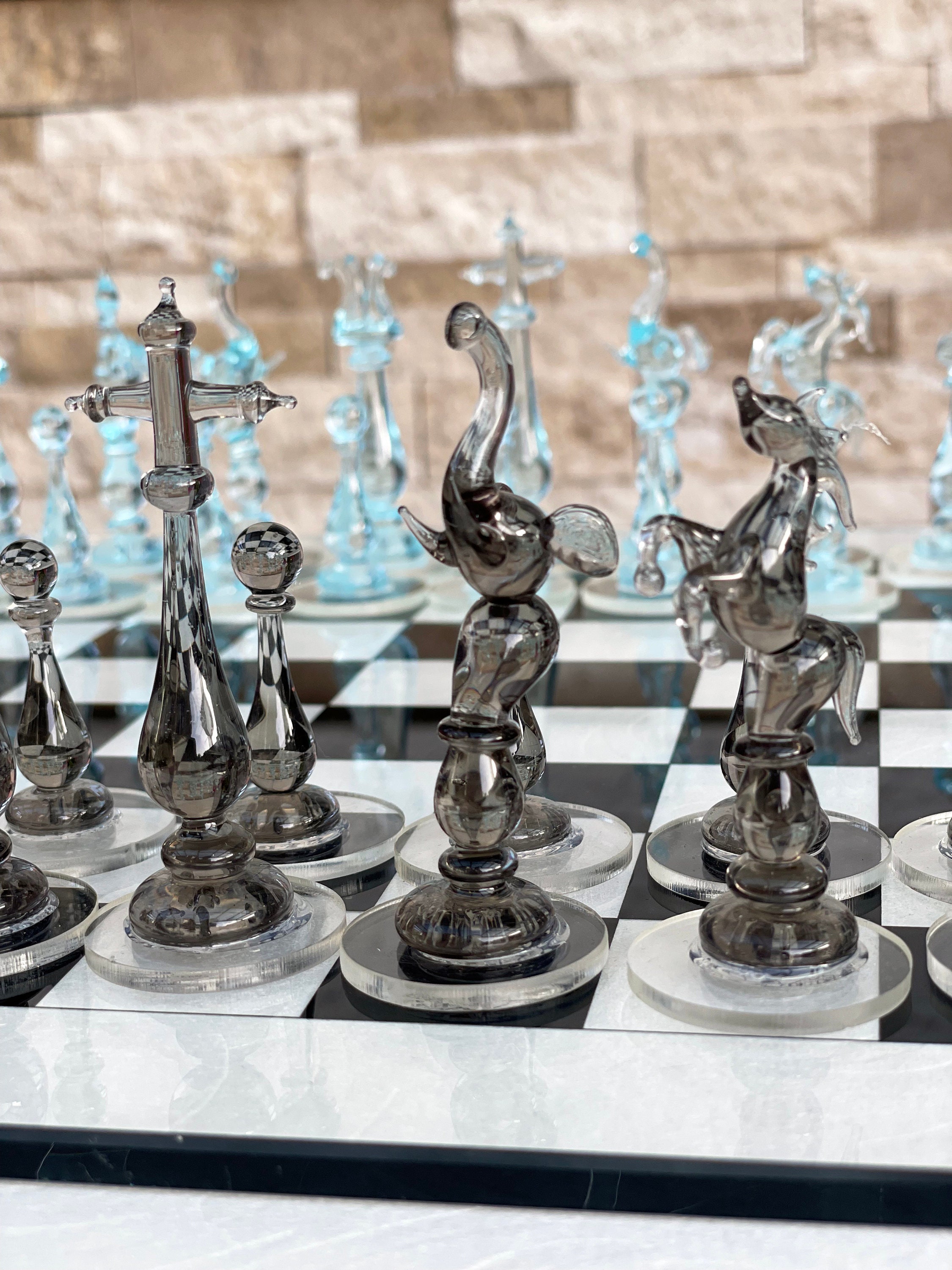 Handmade Murano Glass Chess Set: Black & Blue Glass Board Game - Etsy