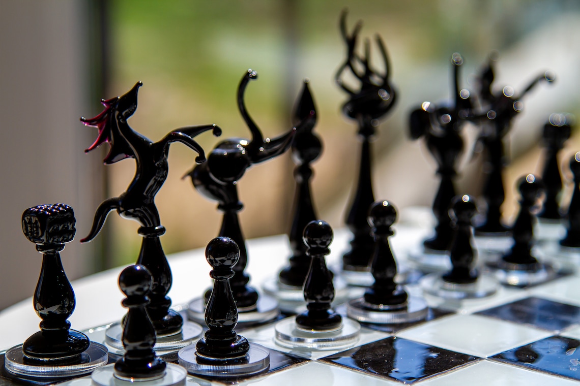 Handmade Murano Glass Chess Set: Black & White Blown Glass Figures ...