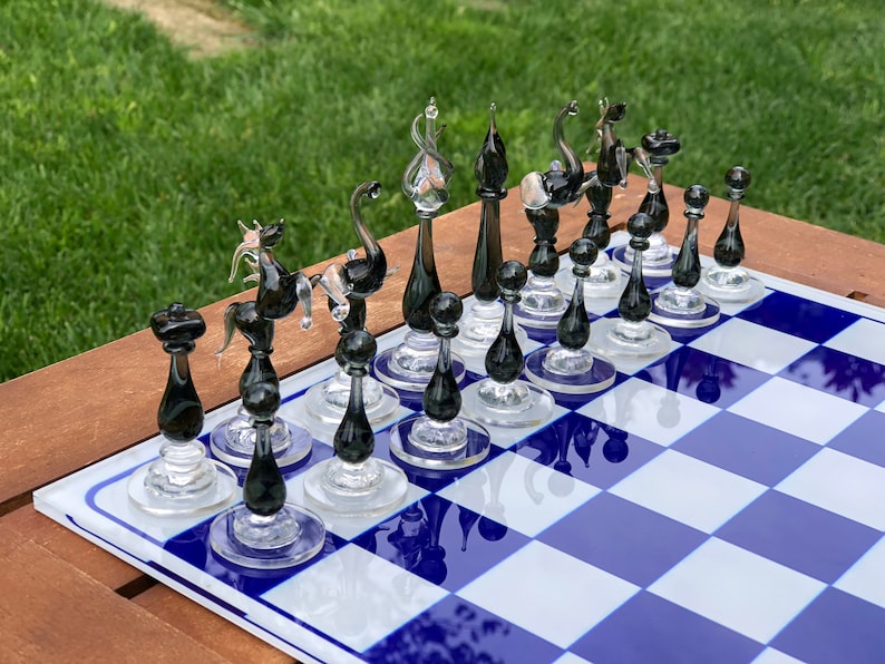 Handmade Blown Murano Glass Chess Set: Blue Glass Board & Pieces - Etsy