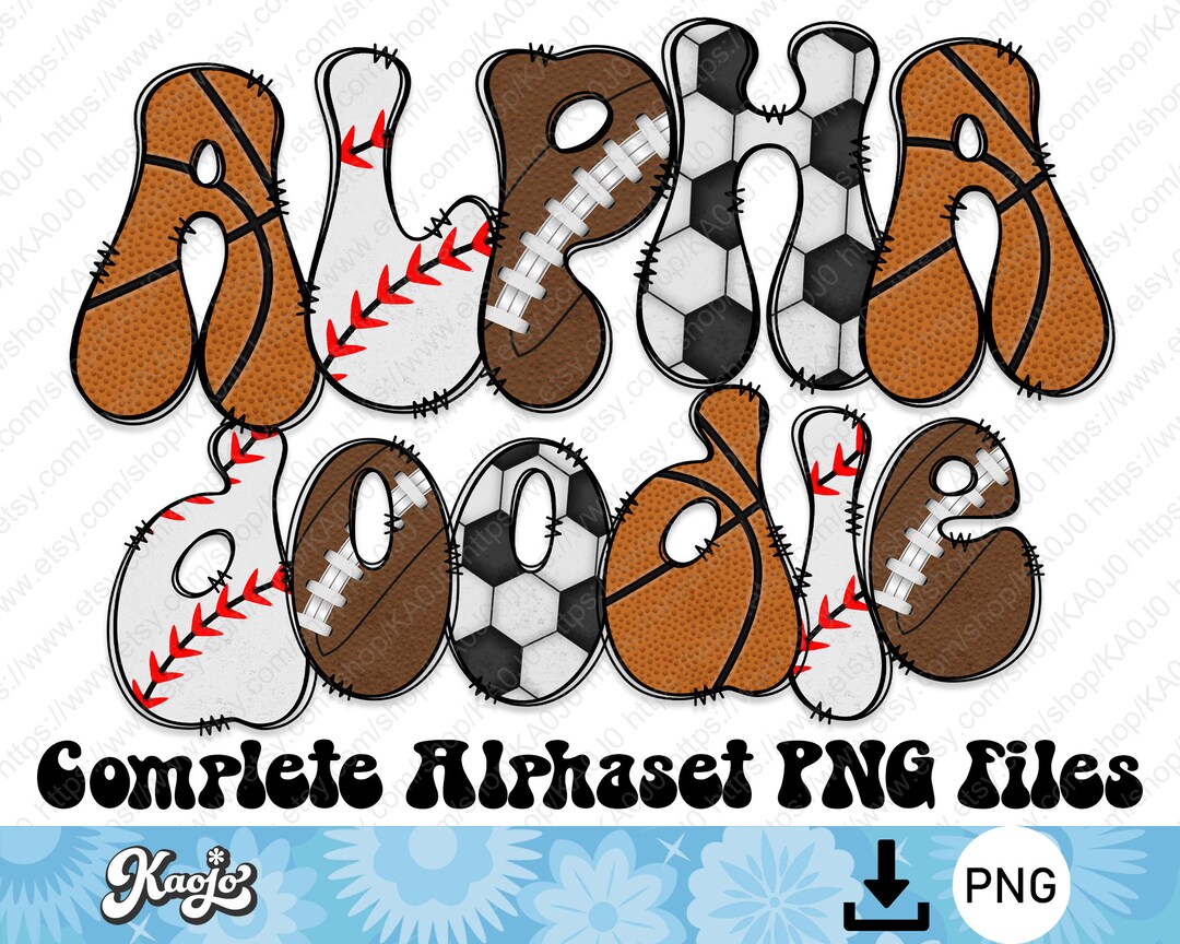 Sport Ball Doodle Letters PNG Bundle, Retro Groovy Sport Team Alphabet ...
