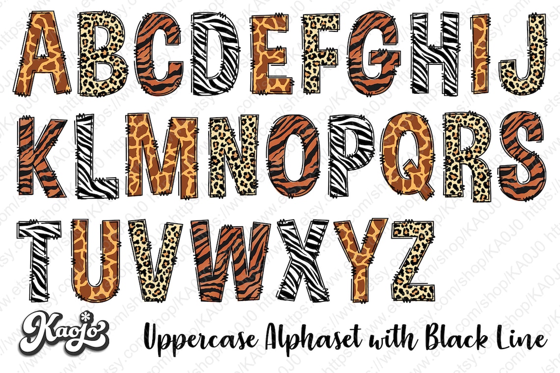 Wild Doodle Letters PNG Bundle, Animal Skin Pattern Alphabet Uppercase ...