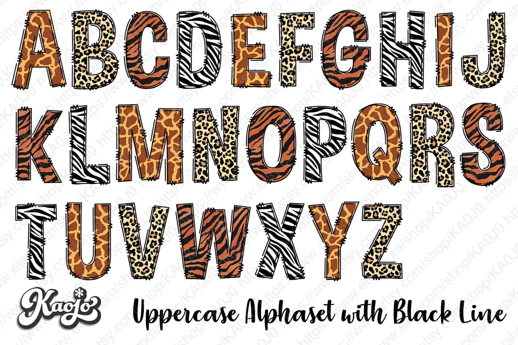 Wild Doodle Letters PNG Bundle, Animal Skin Pattern Alphabet Uppercase ...