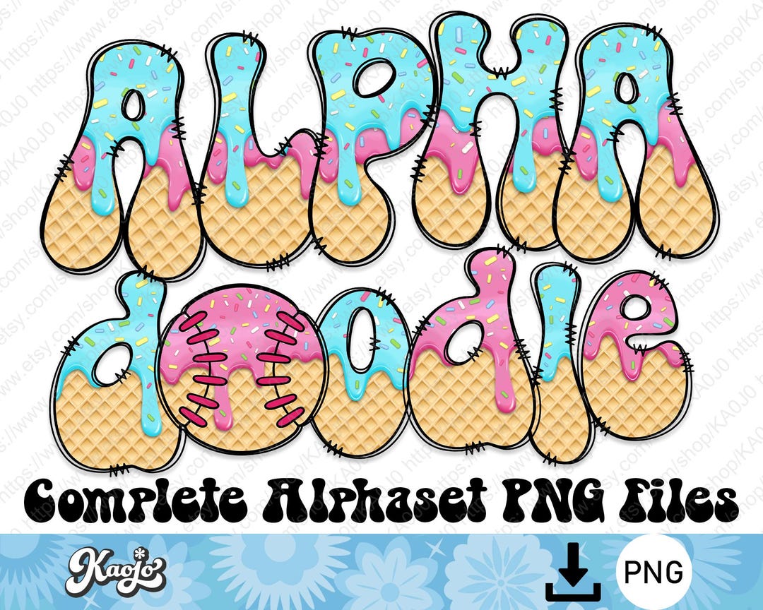 Ice-cream Blue Pink Drip Doodle Letters PNG Bundle, Baseball Alphabet ...