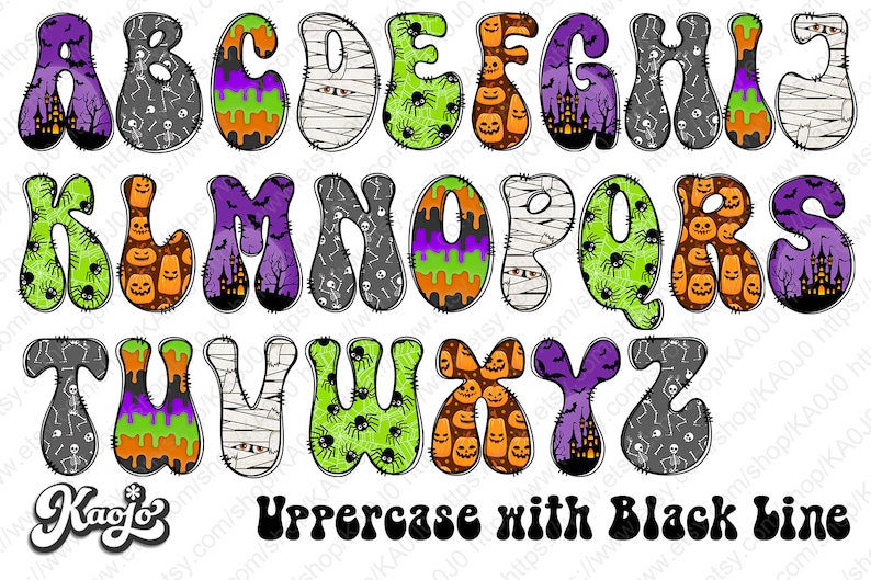Halloween Doodle Letters PNG, Groovy Trick or Treat Alphabet Uppercase ...