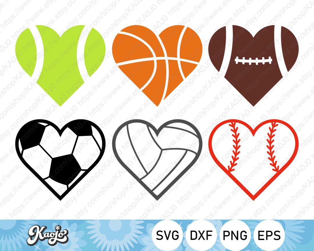 Sport Ball Hearts Bundle, Tennis, Basketball, Rugby, Football, Soccer ...