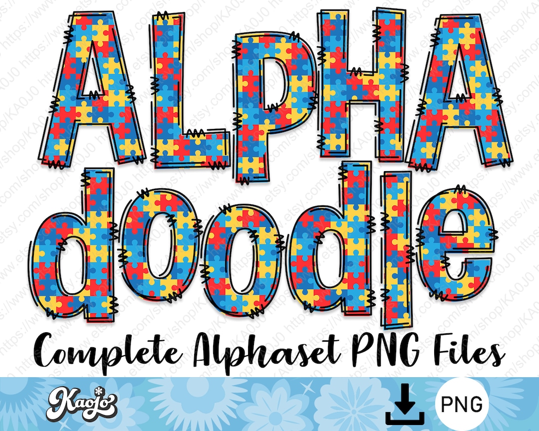Autism Puzzle Doodle Letters PNG Bundle, Entire Doodle Alphabet ...