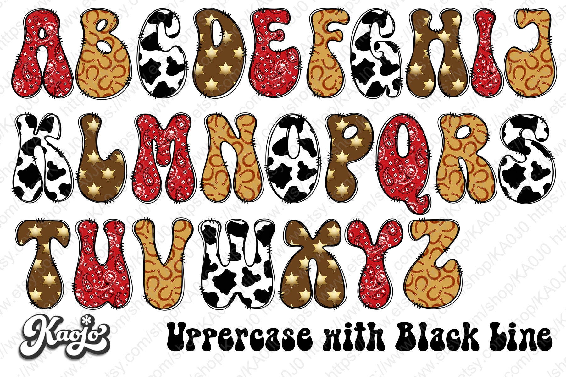 Country Doodle Letters PNG Bundle, Western Groovy Alphabet Uppercase ...