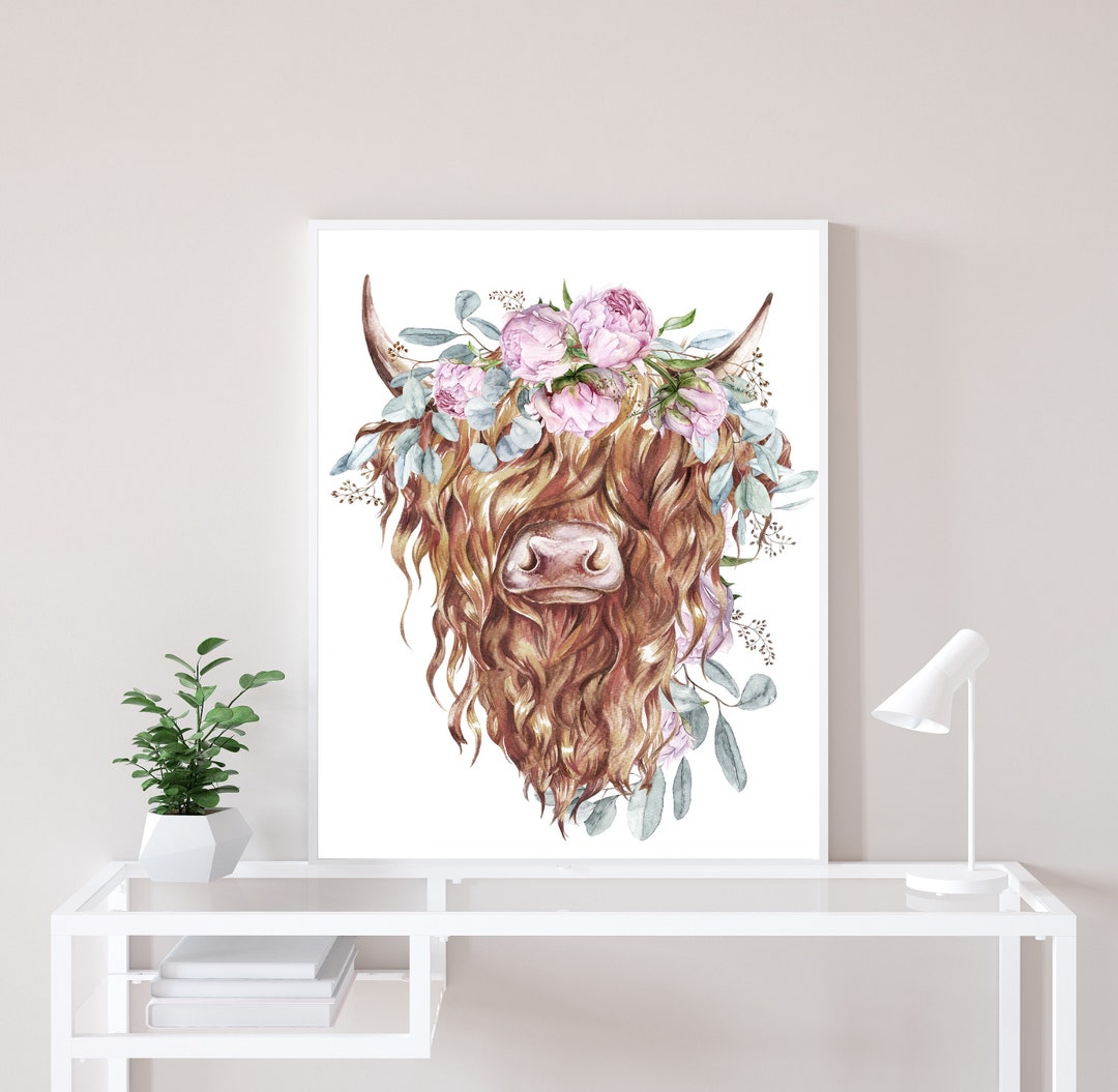 Floral Highland Cow Print, PRINTABLE WALL ART, Nursery Farm Print ...