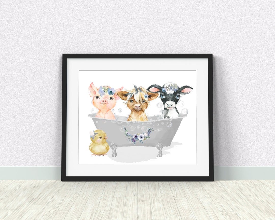 Animal Bathtub Print, Kid Bathroom PRINTABLE WALL ART, Farm Animal Bath ...