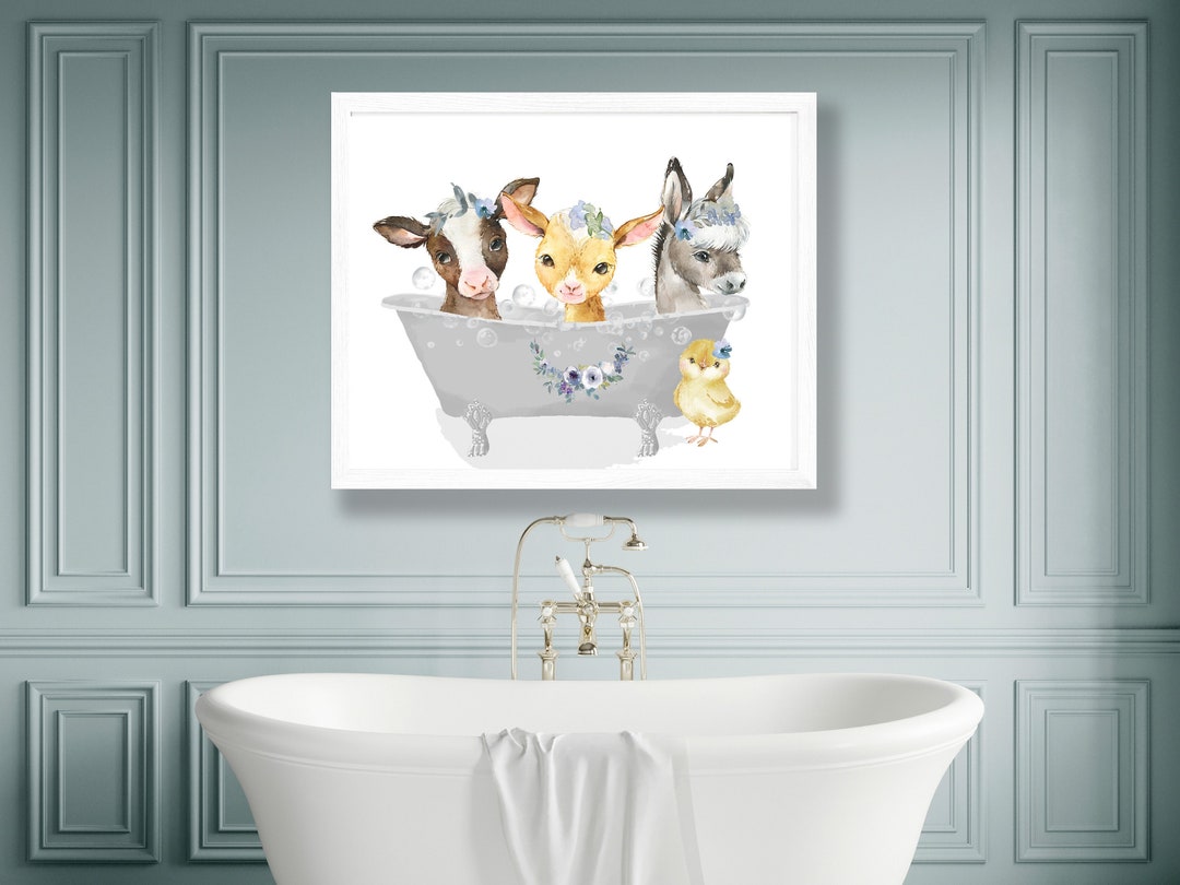 Animal Bathtub Print, Kid Bathroom PRINTABLE WALL ART, Farm Animal Bath ...