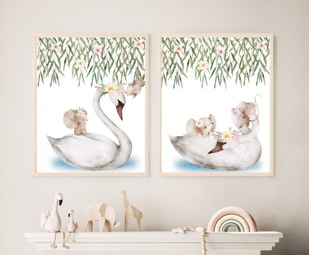 Floral Swan Animal Nursery, White Swan Print, PRINTABLE WALL ART, Mice ...