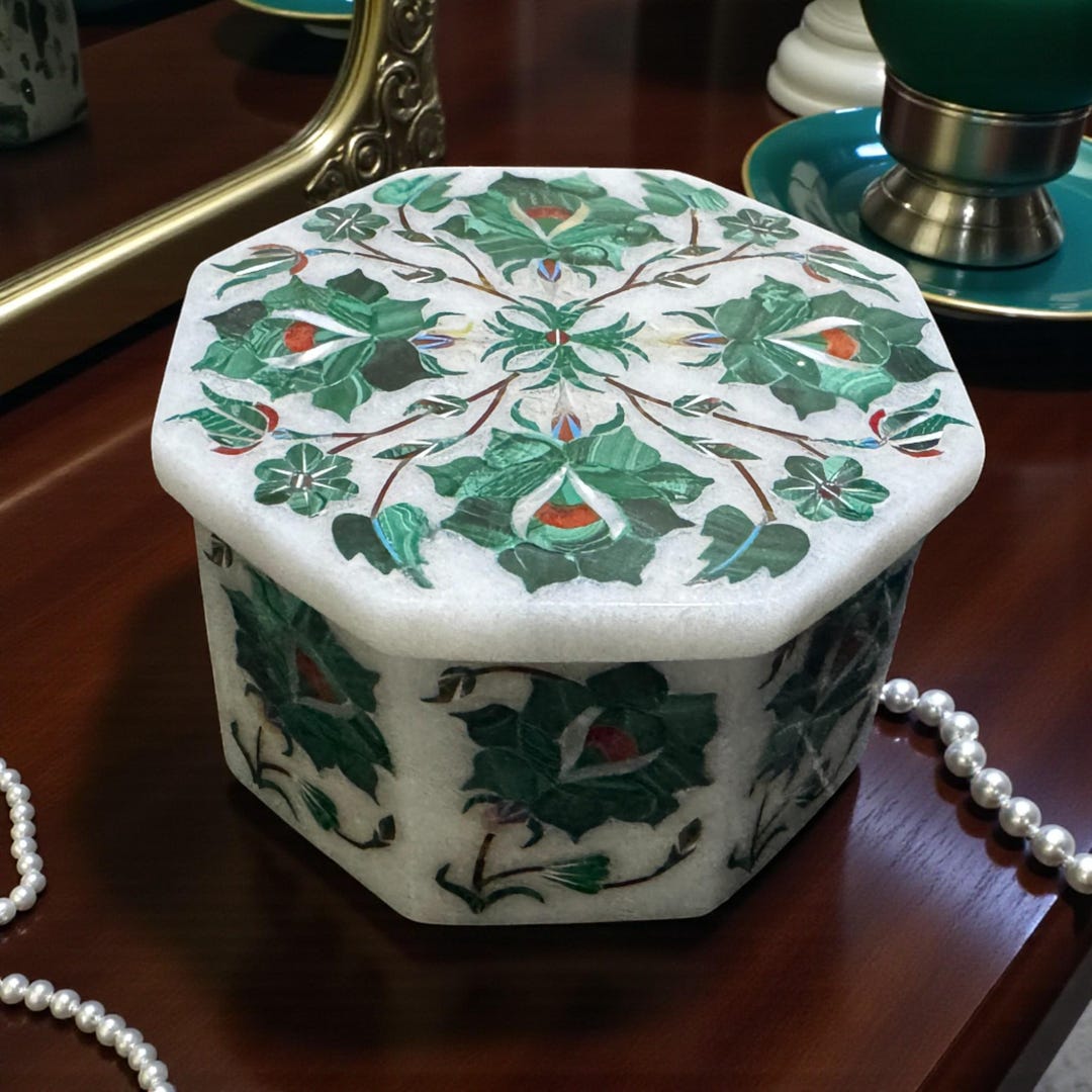 Antique Marble Jewelry Box Floral Malachite Inlaid Stone Multi Purpose ...