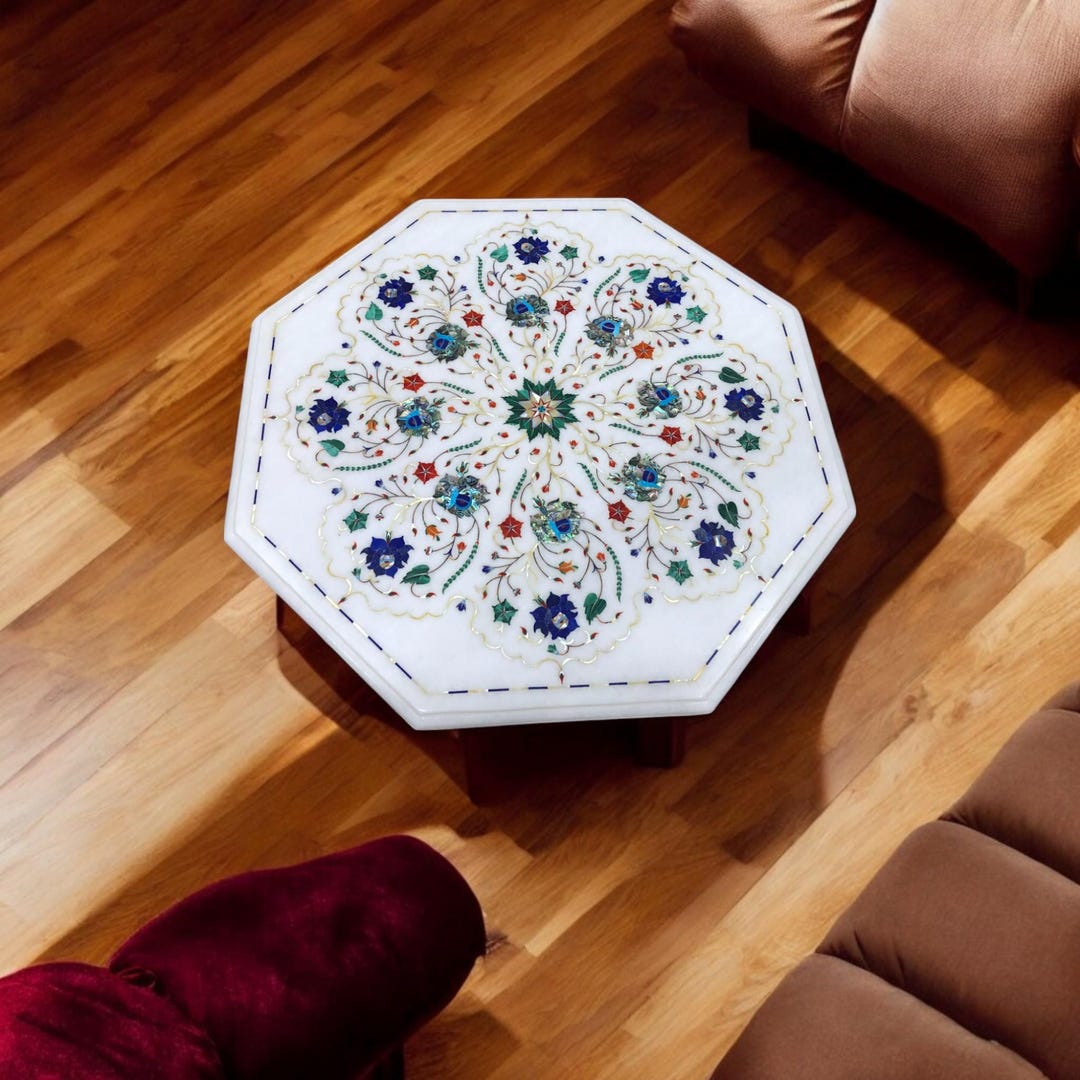 Italian White Marble Inlaid Table Top: Floral Marquetry Gemstone ...