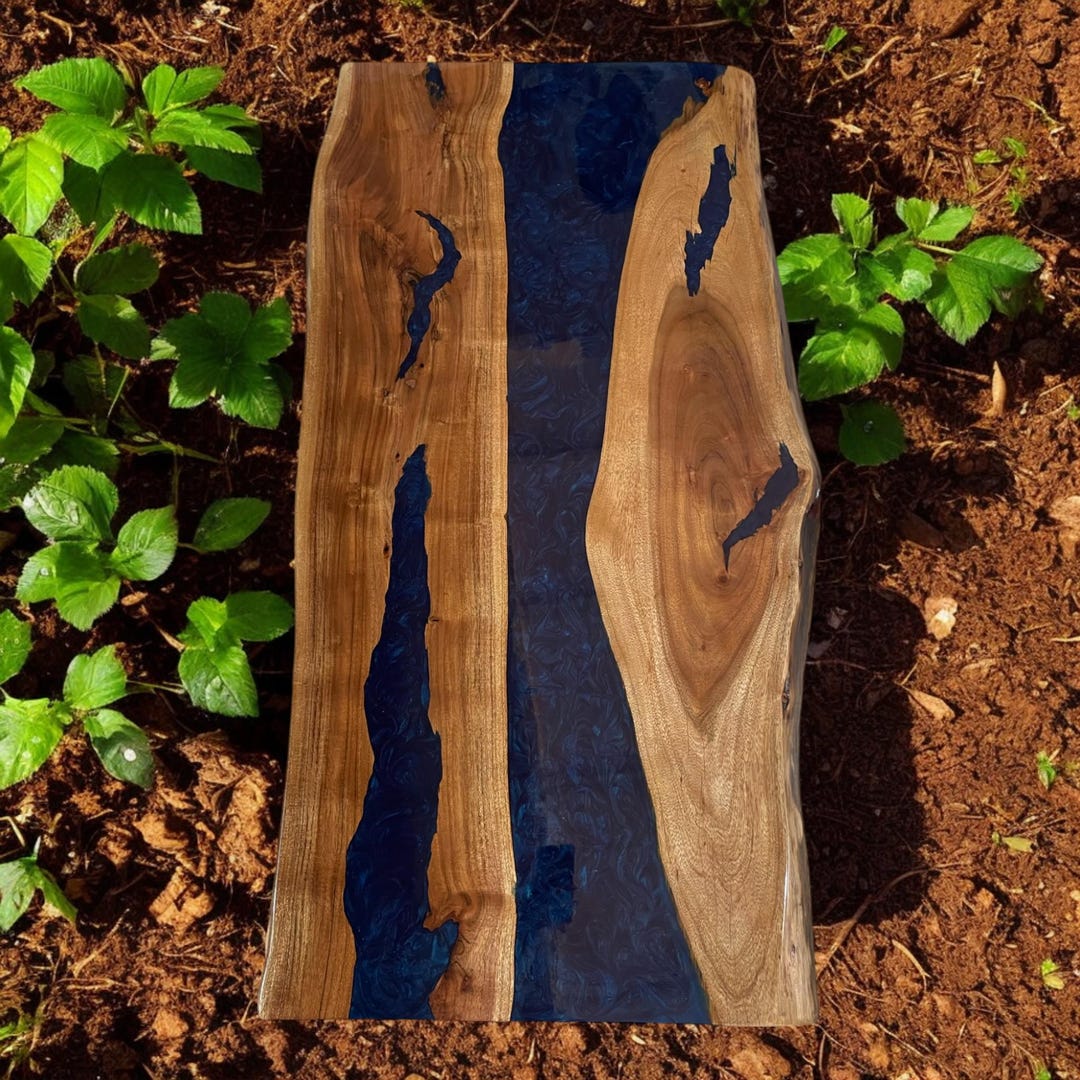 Custom Dark Blue Epoxy Resin Dining Table Top Natural Wood Countertop ...