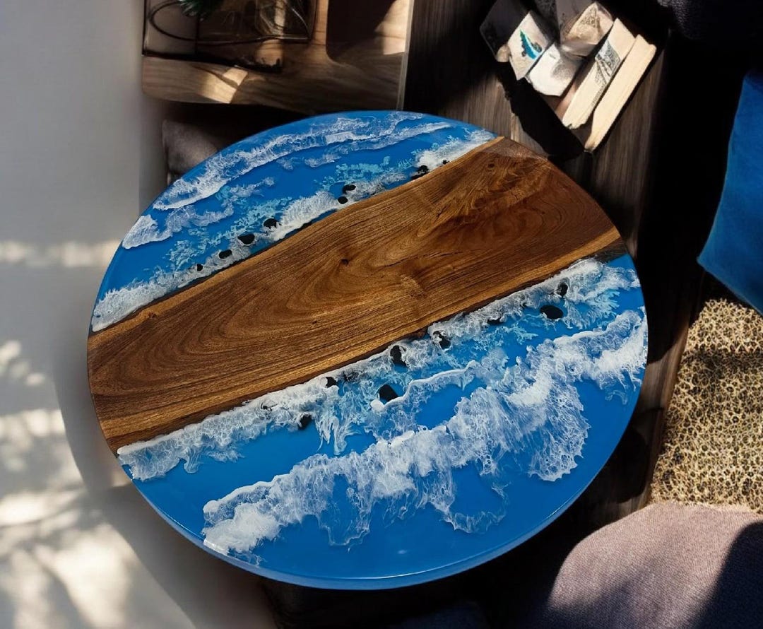 Ocean Wave Round Epoxy Resin Center Table Top Wooden Handmade Furniture ...
