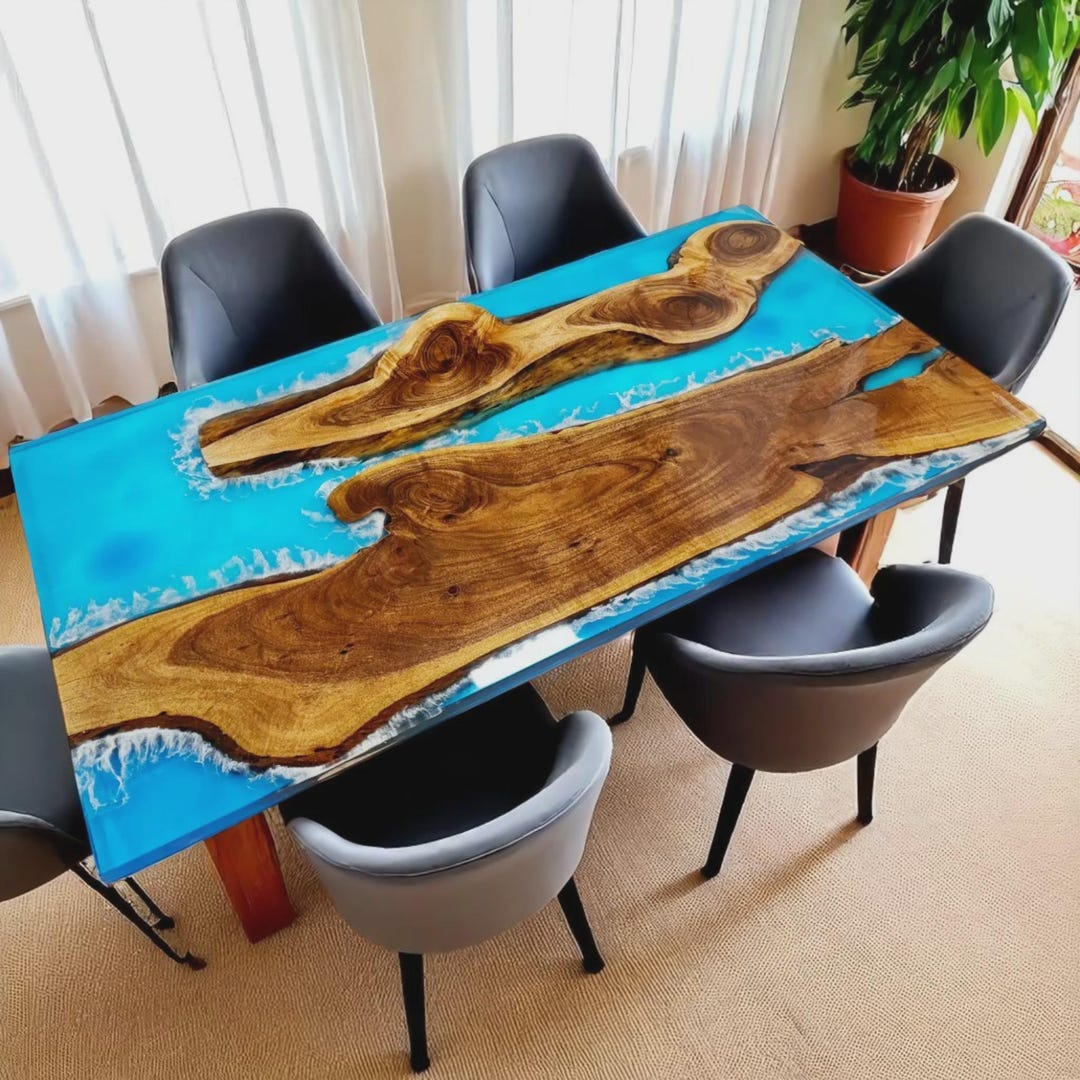 Blue Resin Epoxy Dining Table Live Edge Slab Top Mid Century Modern ...