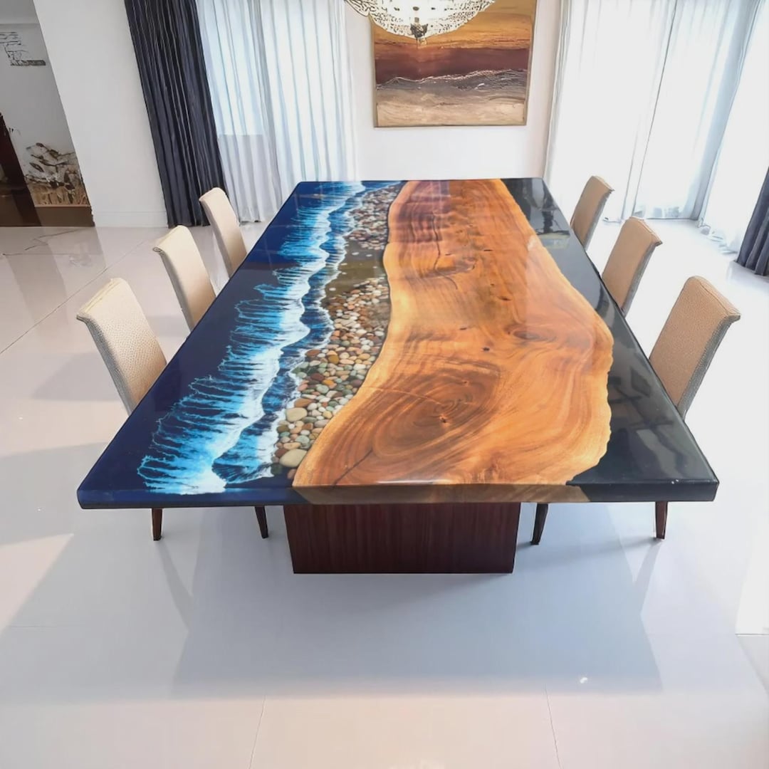 Handmade Acacia Wood Conference Table: Pebbles Epoxy Resin ...