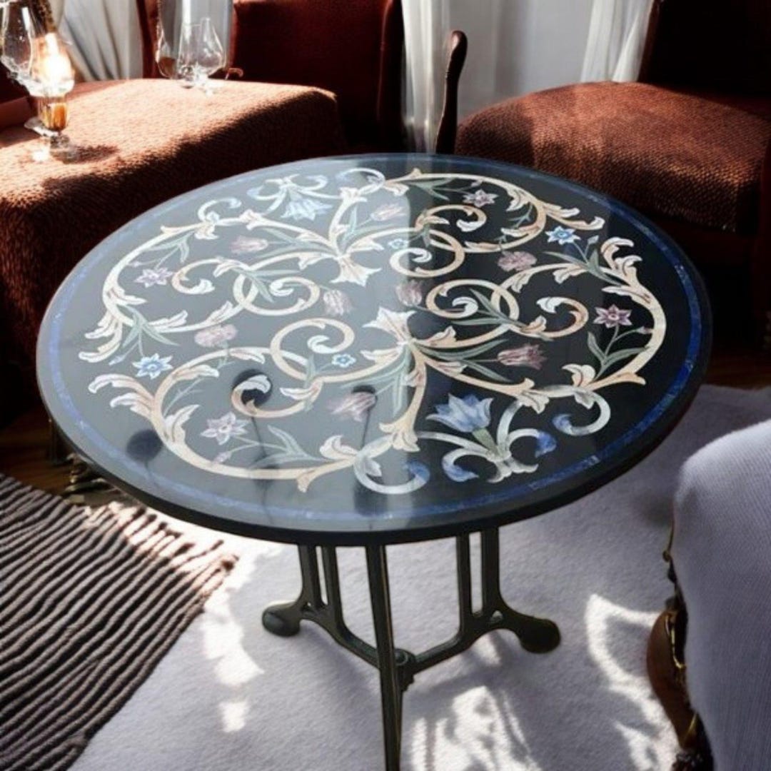 Black Marble Entryway Table Round Mop Inlay Gemstone Pietra Dura ...