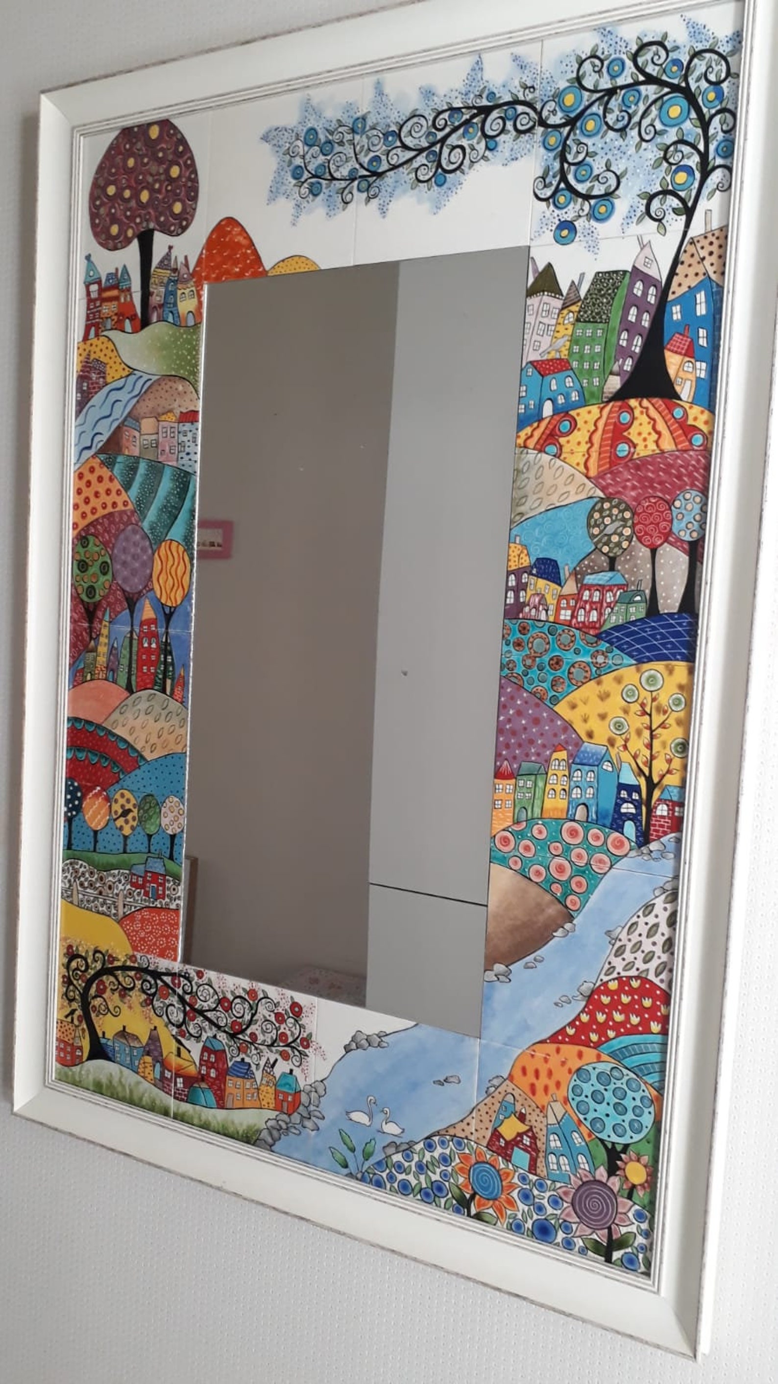Handmade Ceramic Tile Wall Mirror, Unique Bohemian Home Decor, Large ...