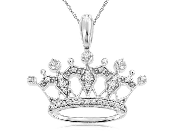 14K White Gold and 0.13 Ct Diamond Crown Pendant - Etsy