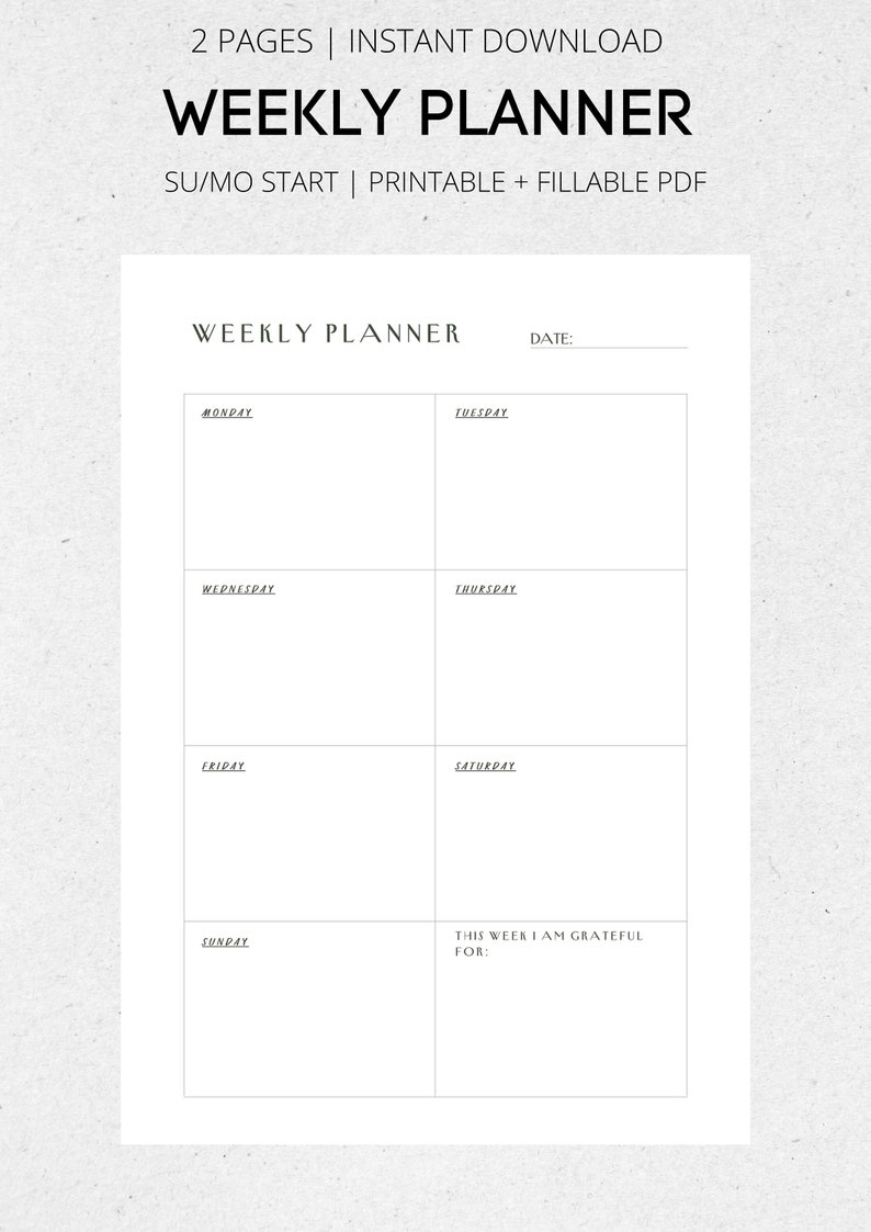 Printable Weekly Planner, Fillable Weekly Organizer, Minimal Weekly ...