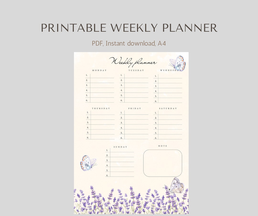 Printable Weekly Planner, Butterfly Planner, Weekly Schedule, Instant ...