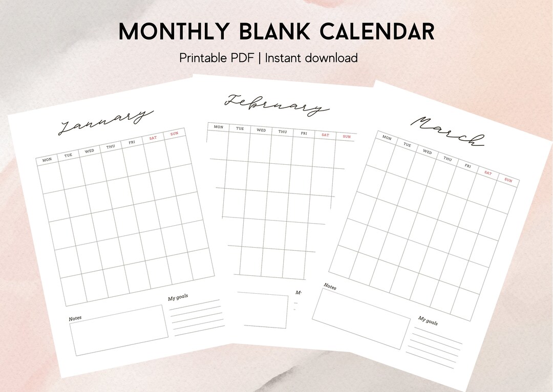 Monthly Blank Calendar, Printable Calendar, Minimalist Calendar, PDF ...