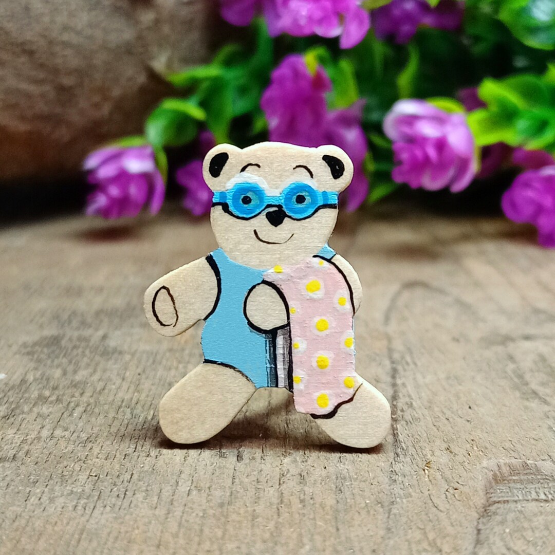 Swimmer Bear, Handmade Teddy Bear Pin or Fridge Magnet, Love Swimming ...