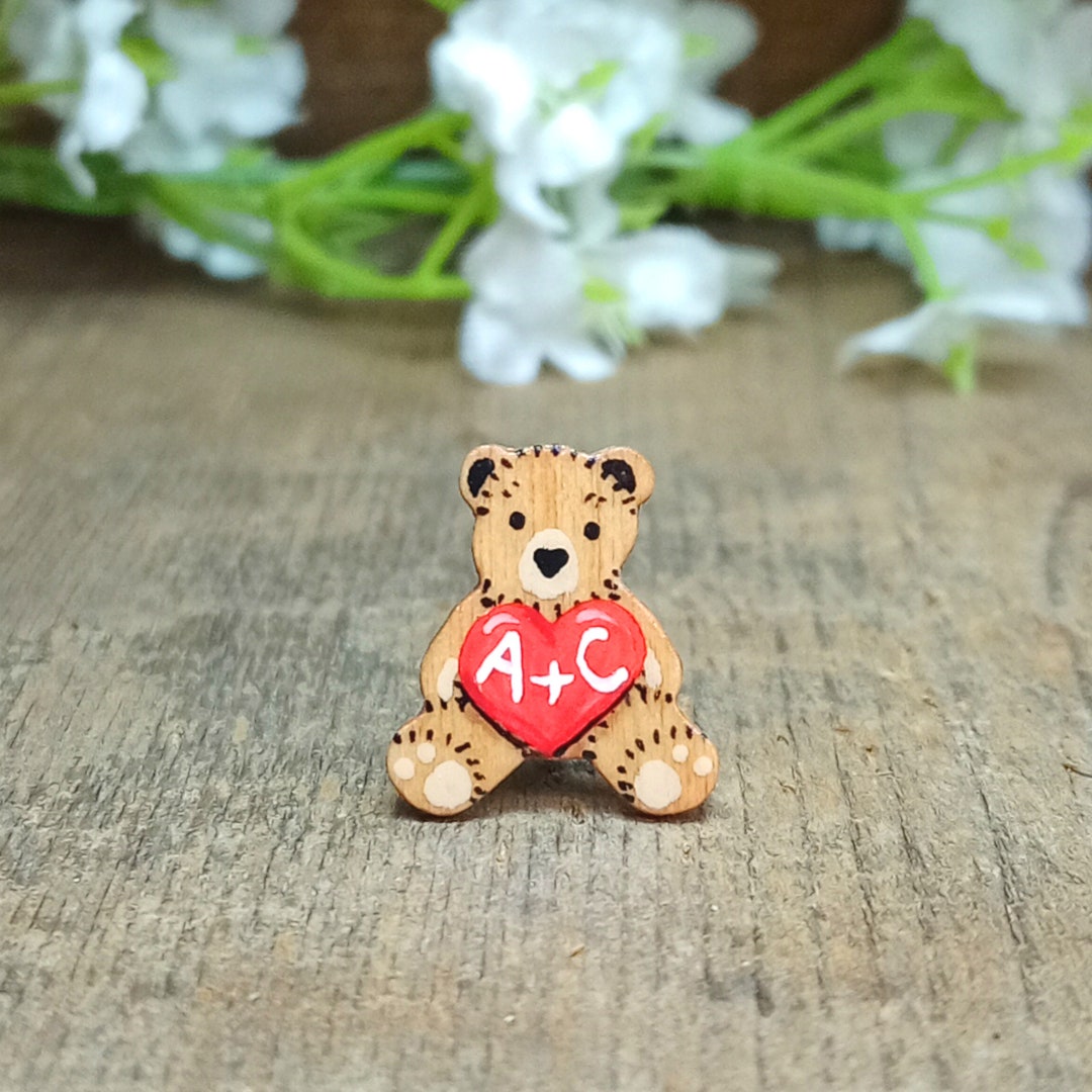 Personalised Heart Bear Pin, Handmade Tiny Wooden Teddy Badge - Etsy