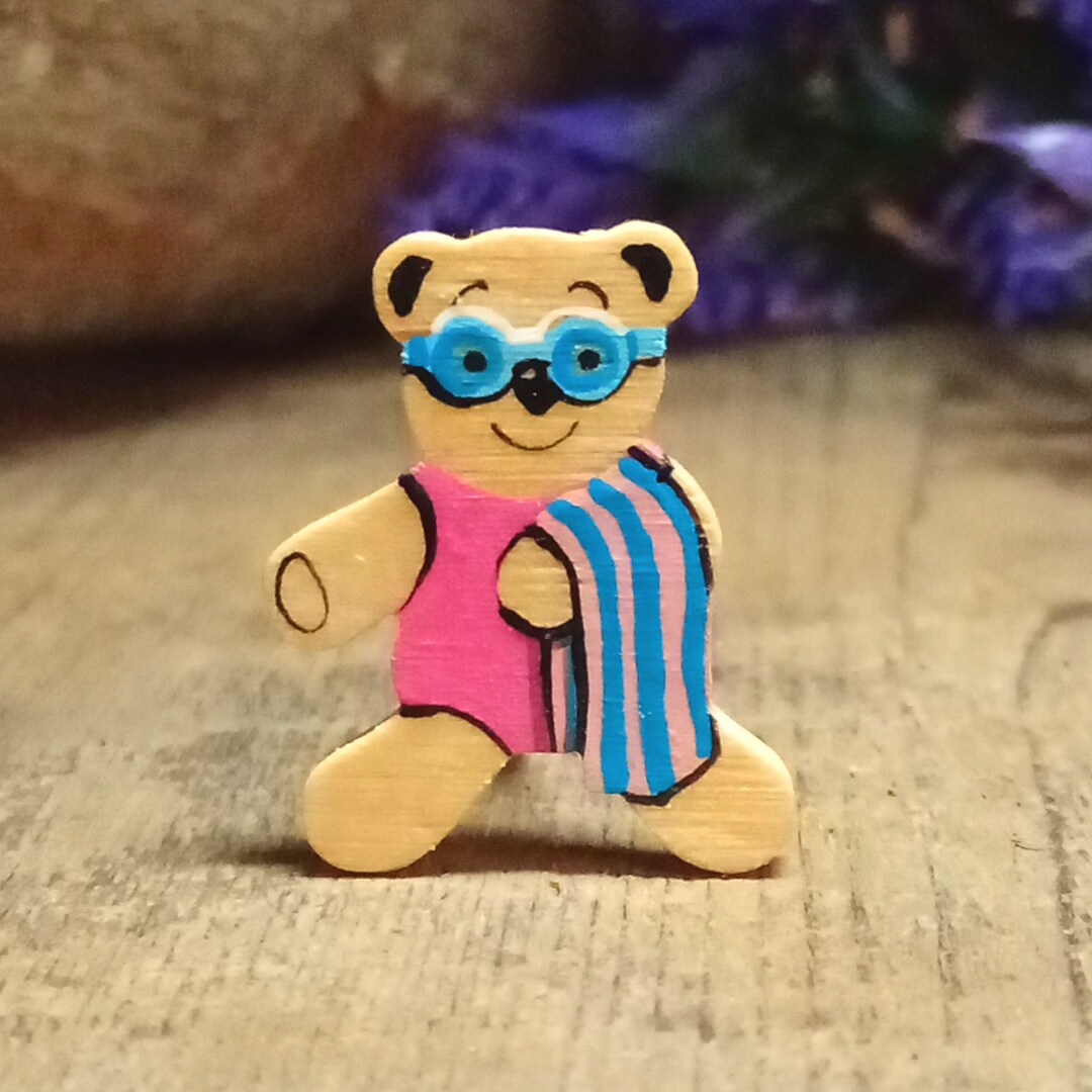 Swimmer Bear, Handmade Teddy Bear Pin or Fridge Magnet, Love Swimming ...