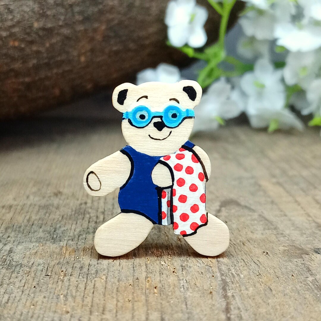 Swimmer Bear, Handmade Teddy Bear Pin or Fridge Magnet, Love Swimming ...