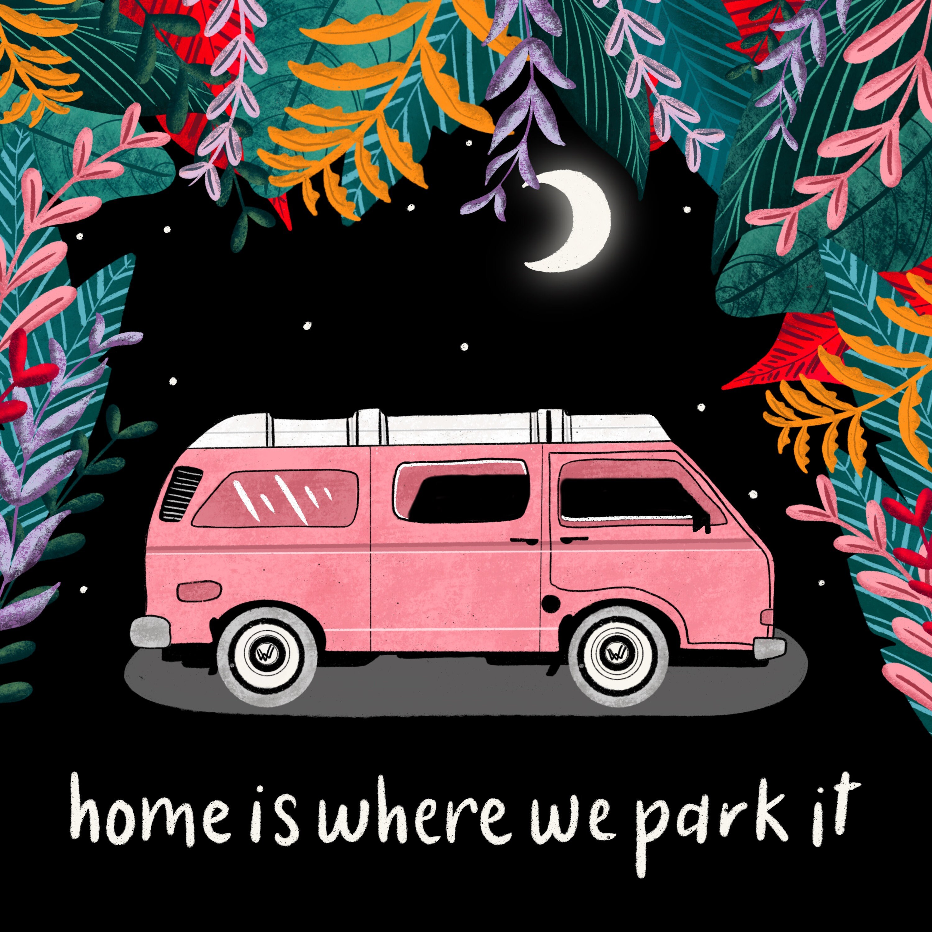 Vw Van Life Jungle Art Print, Camping Digital Illustration, Eclectic ...