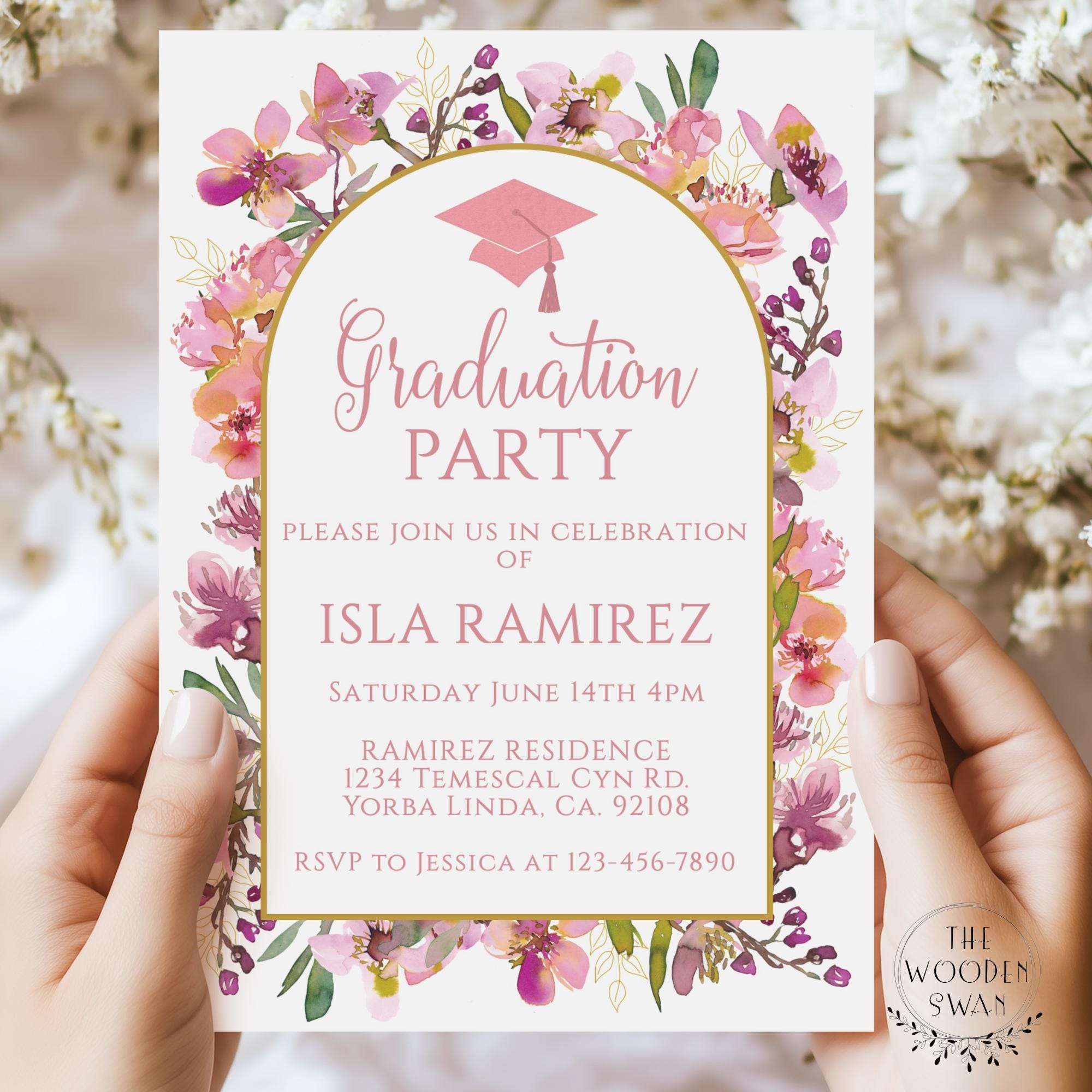 Printable Boho Graduation Invitation Template, Wildflower Theme Pink ...