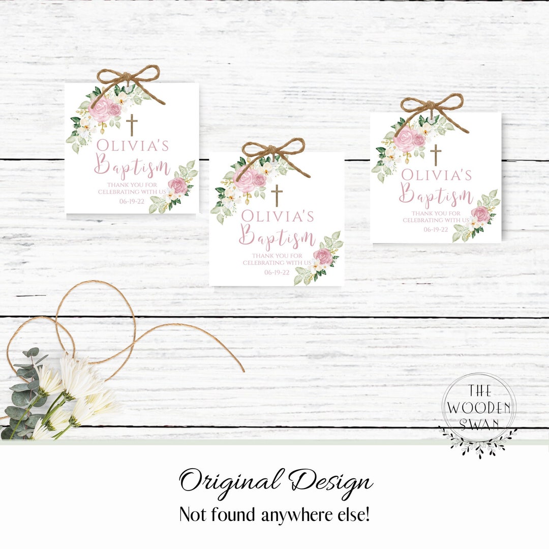Baptism 2" Square Tag Template, Square Gift Tags, Christening, Pink ...